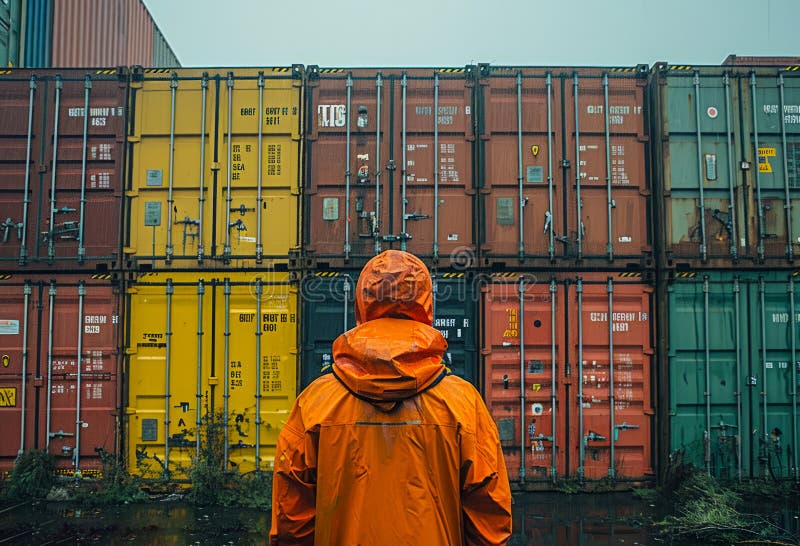 Person in Raincoat Stands in Front of Row of Shipping Containers. Stock ...