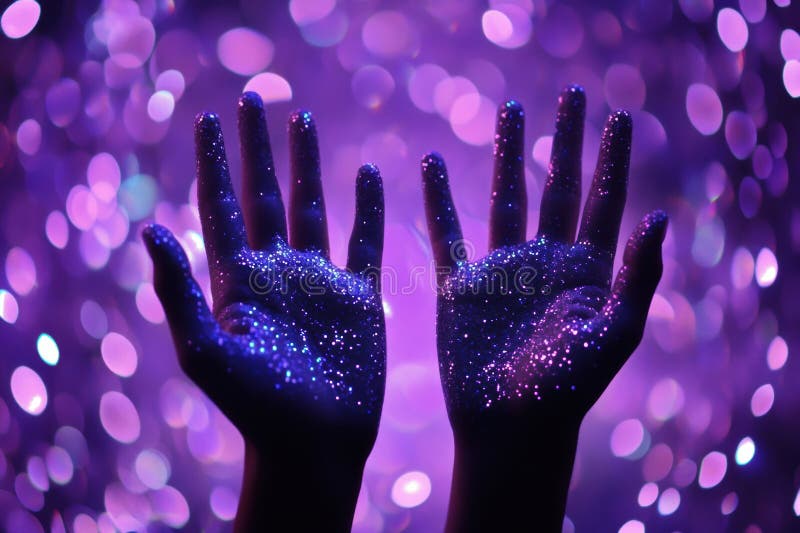 A Person Raises Their Hands Adorned with Sparkling Glitter. Stock Image ...