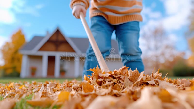 A Person is Raking Leaves in Front of a House, AI Stock Image - Image ...