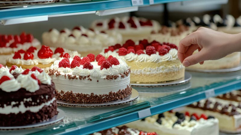 A Person Reaching for a Cake in the Bakery Case, AI Stock Photo - Image ...