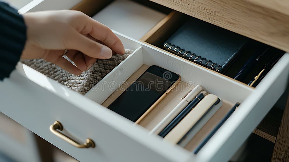 A Person is Reaching into a Drawer and Pulling Out a Cell Phone Stock ...