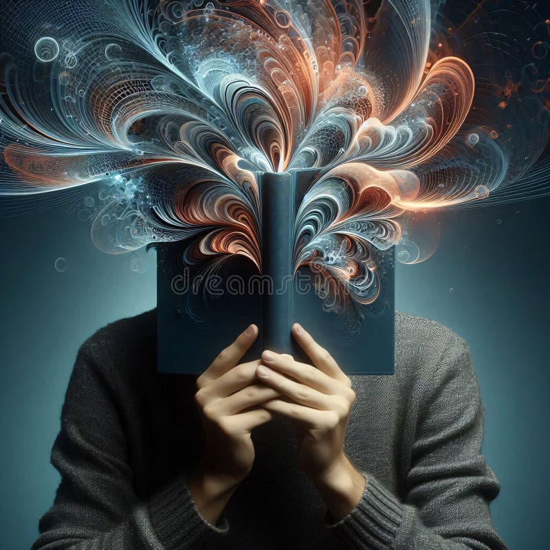 Person Reading a Book with Abstract Patterns Bursting from the Pages ...