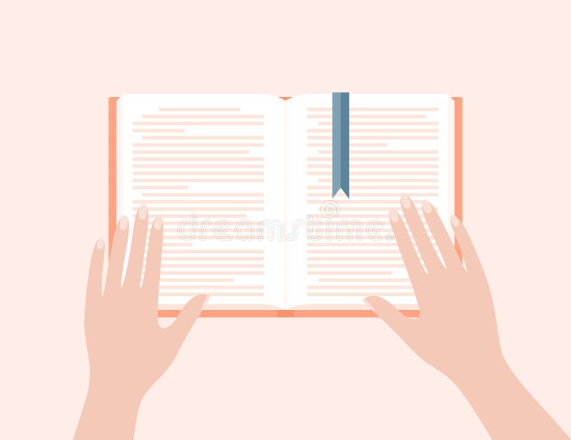 A Person Reading a Book. Hands and Open Book with Bookmark, Top View ...