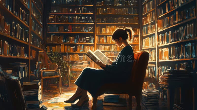 Person Reading a Book in a Quiet Library Filled with Shelves of ...