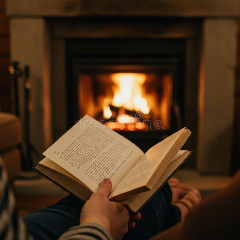 Person Reading a Book by a Warm Fireplace Stock Illustration ...
