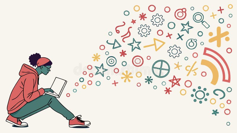 Person Reading with Flowing Knowledge Elements, Vector Design ...