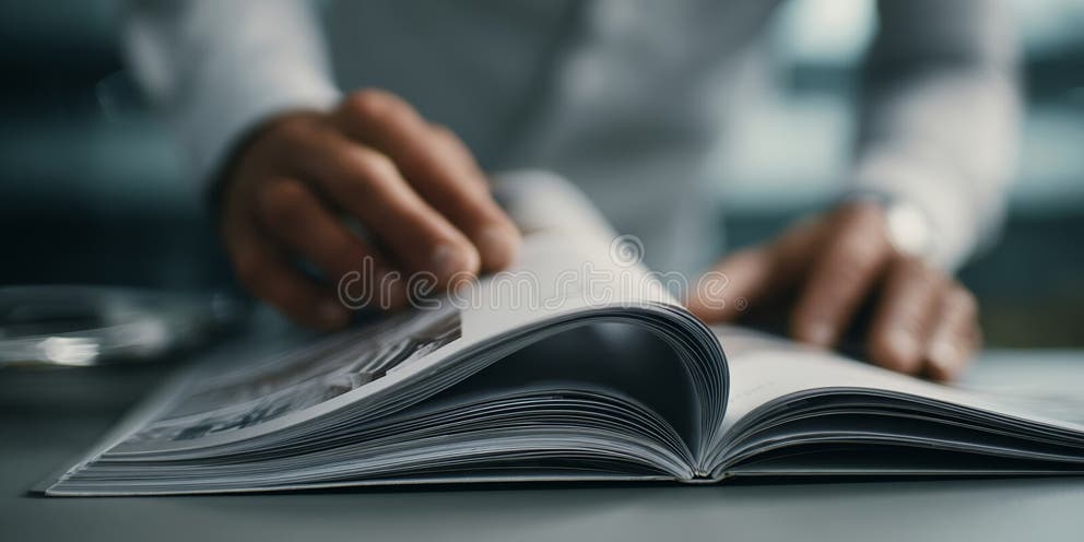 Person Reading a Magazine in a Modern Workspace during the Day while ...