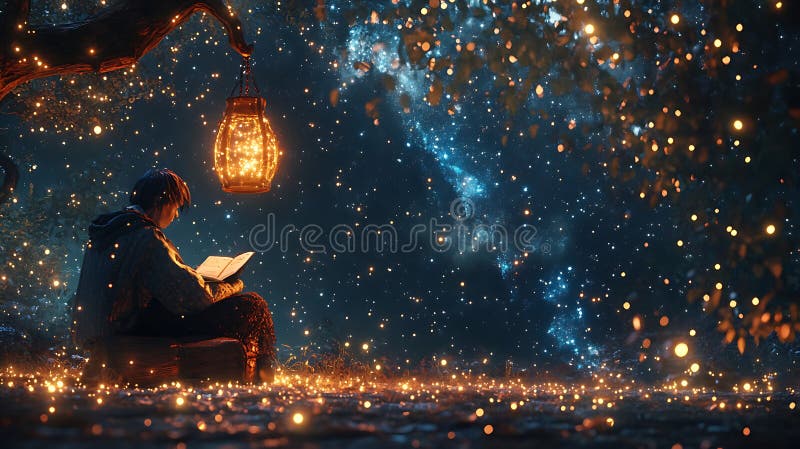 Person Reading Under Lantern in a Starry, Magical Setting Stock ...