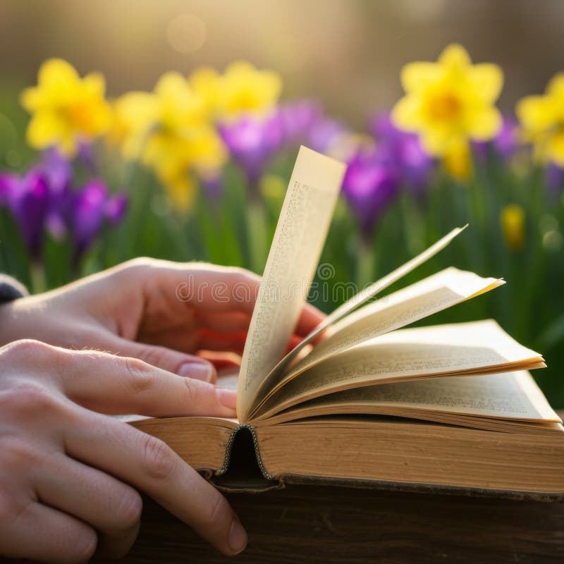 Person Reading Vintage Book Outdoors Amidst Spring Flowers Stock ...