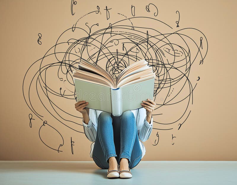 A Person Reads a Book with Swirling Math Equations Above Stock ...