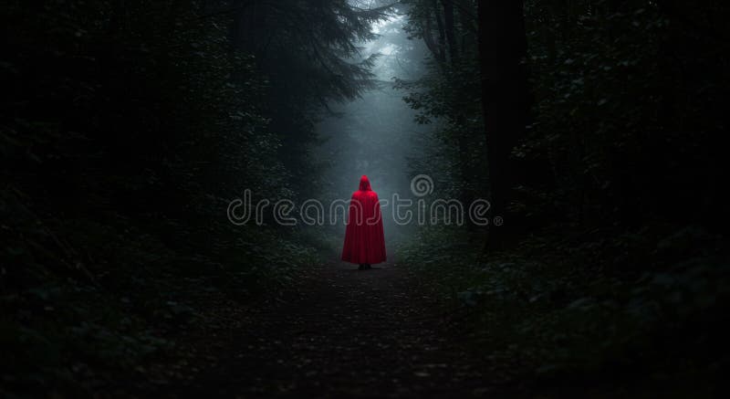 Person in Red Cape Walking Dark Forest Path Stock Illustration ...