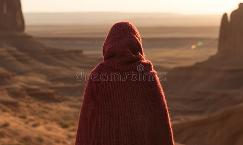 Person in Red Cloak Faces Monument Valley Desert Landscape at Sunset ...