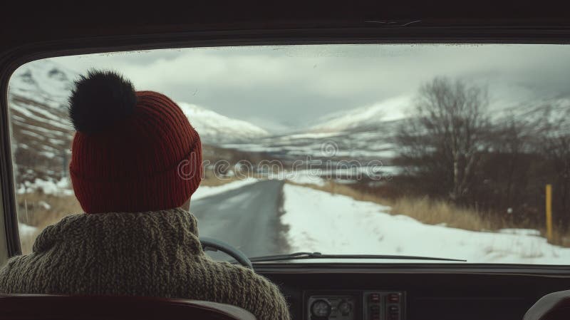 Person in a Red Hat Driving a Car through a Snowy Landscape Stock ...