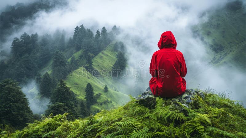 Person in Red Jacket Observing Misty Mountain Landscape Stock ...