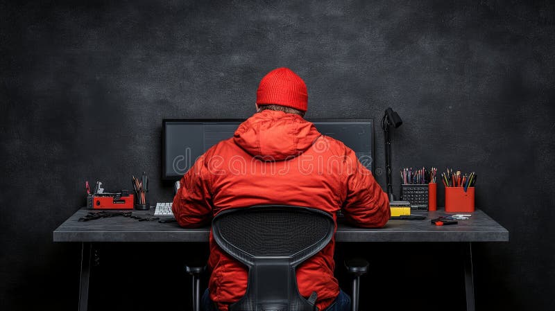 Person in a Red Jacket Sitting at a Desk with Computer Monitors Focused ...