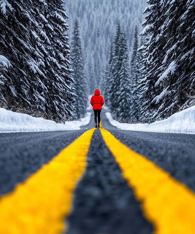 A Person in a Red Jacket Standing on the Side of a Snowy Road Stock ...