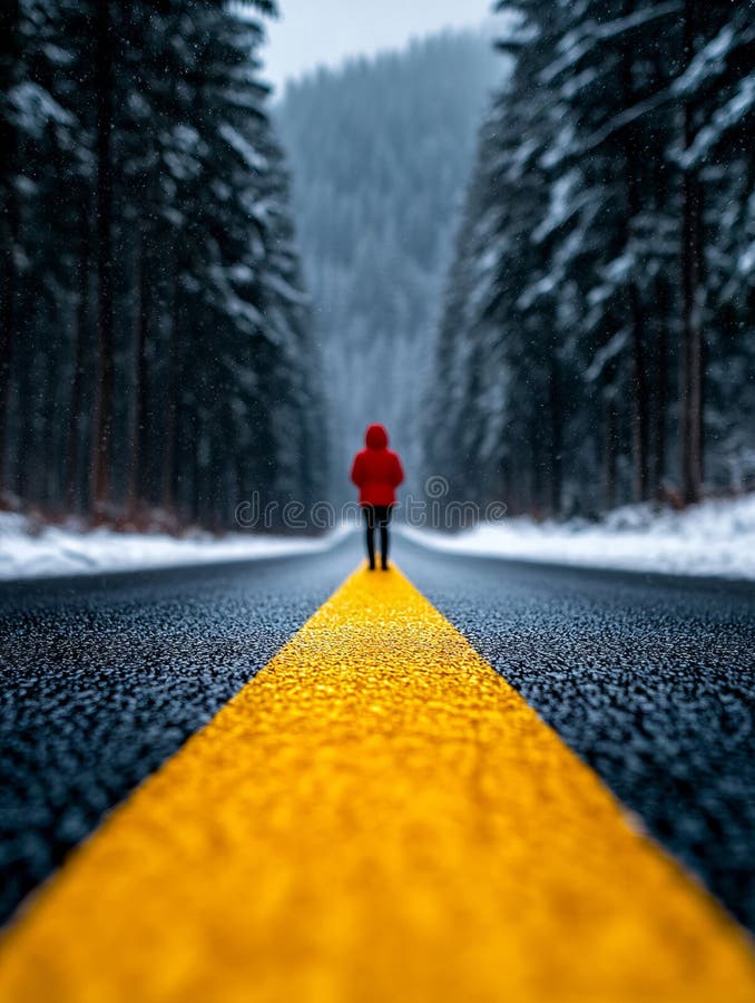 A Person in a Red Jacket Standing on a Snowy Road Stock Photo - Image ...