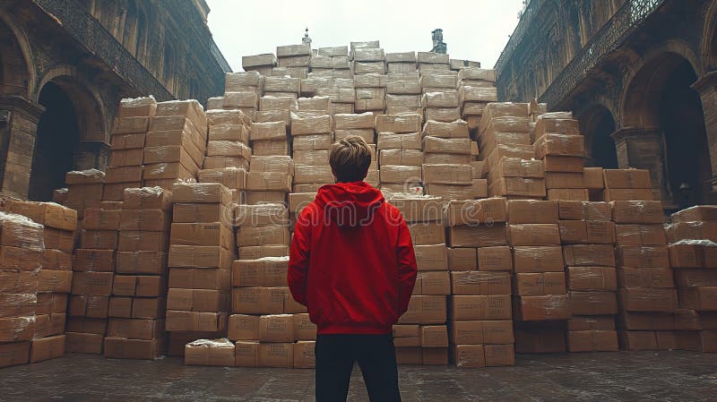 Person in Red Jacket Stands before Massive Stack of Boxes Generative AI ...