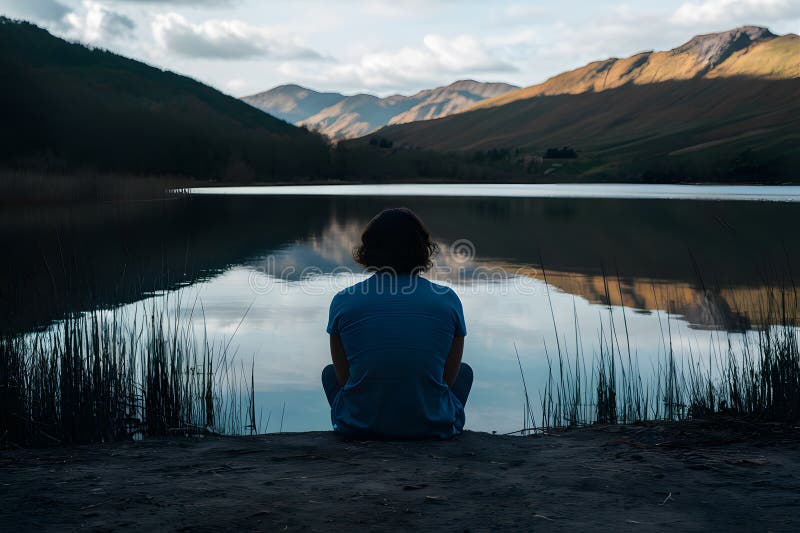 Person Reflects by Tranquil Lake, Embracing Solitude and Introspective ...