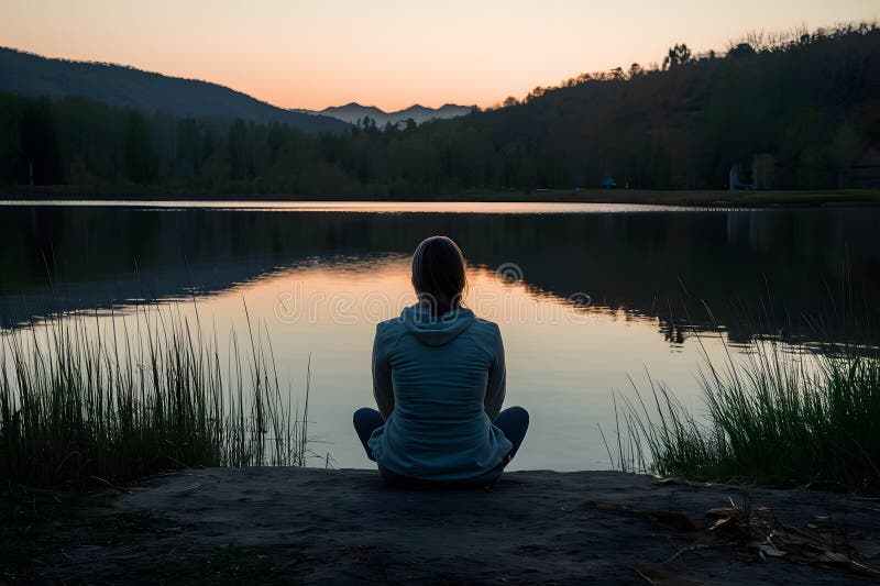 Person Reflects by Tranquil Lake, Embracing Solitude and Introspective ...