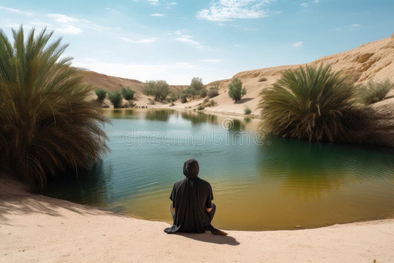 Person, Relaxing and Meditating by Oasis of Clear Spring Water in the ...