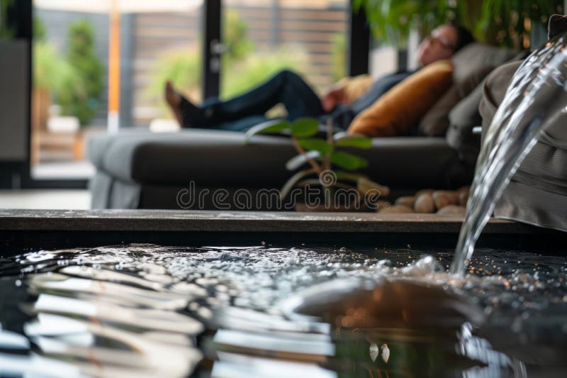 Person Relaxing on a Sofa, Indoor Stream in Foreground Stock Image ...
