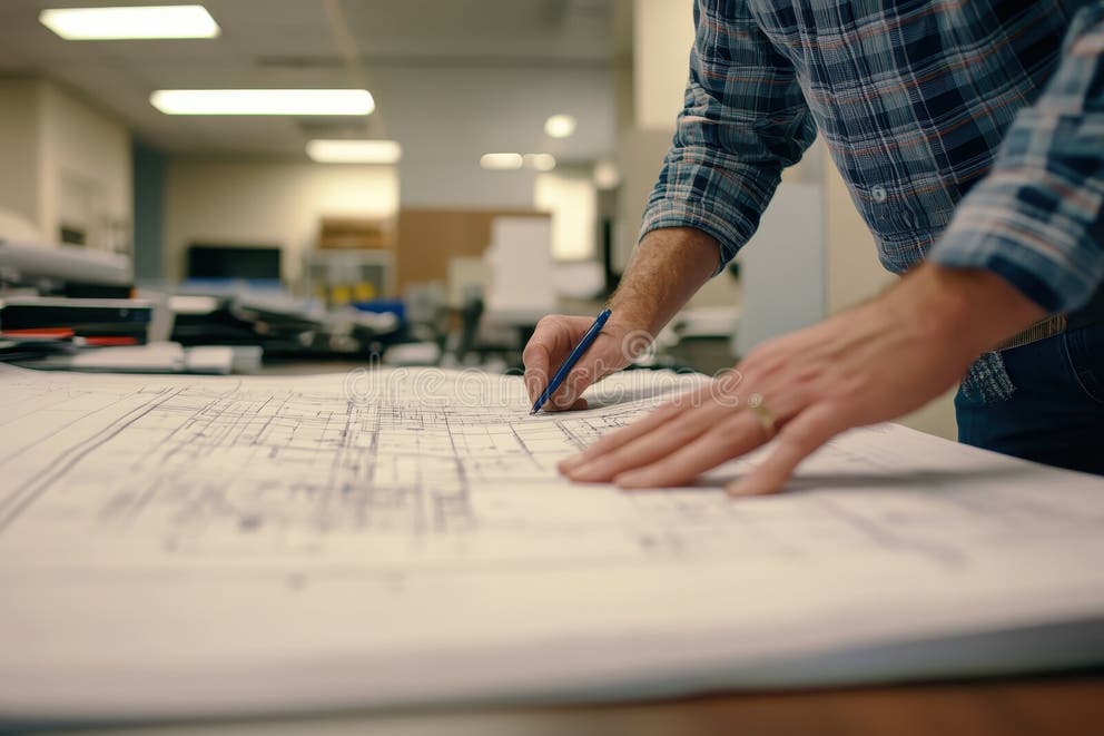 A Person Reviewing Architectural Blueprints on a Table in an Office ...