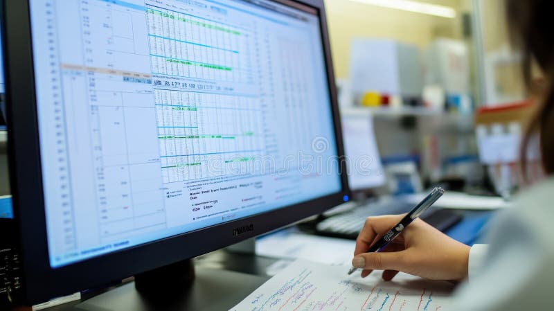A Person Reviewing Data on a Screen while Taking Notes on a Document ...