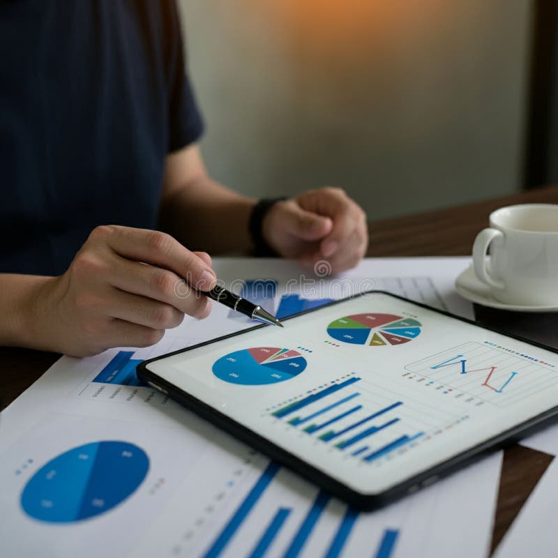 A Person is Reviewing Data on a Tablet, Using a Pen To Point at Pie and ...