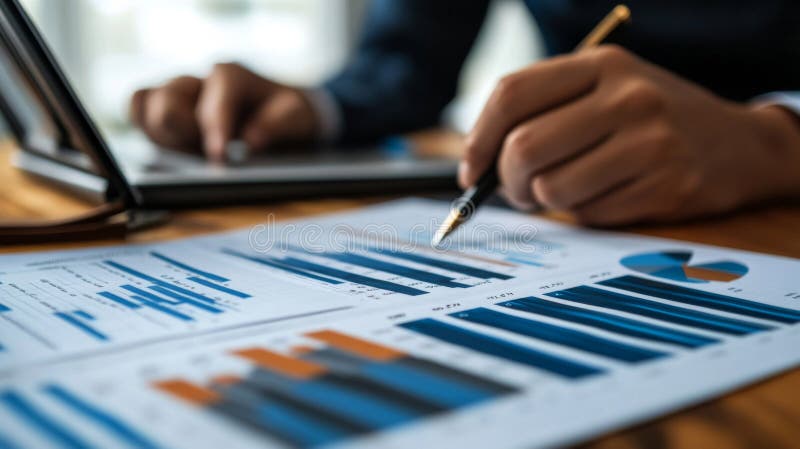 Person Reviewing Financial Data Charts at Office Desk Stock ...