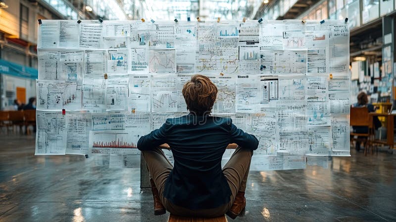 Person Reviewing Numerous Charts and Graphs Displayed on a Large Wall ...