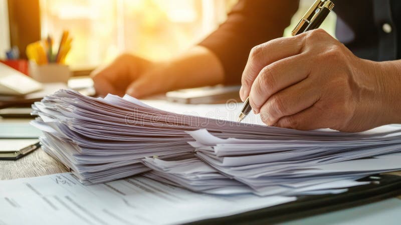 A Person Reviewing and Signing a Stack of Important Papers Stock ...