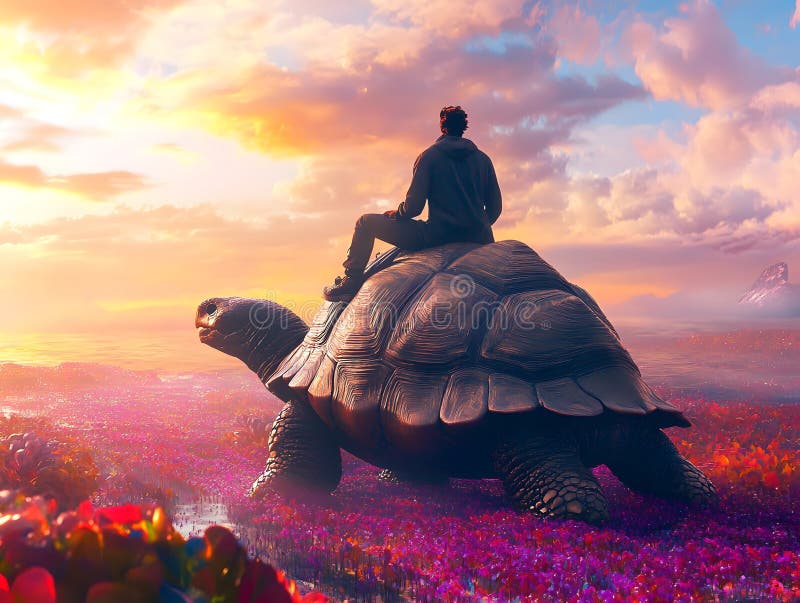 Person Riding a Turtle in a Vibrant, Dreamy Landscape Stock ...