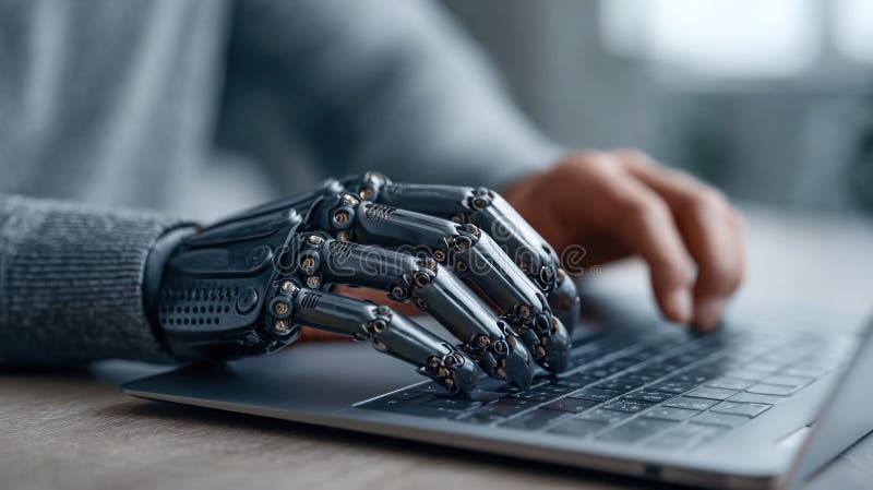 A Person with a Robotic Hand Types on a Laptop, Representing Technology ...