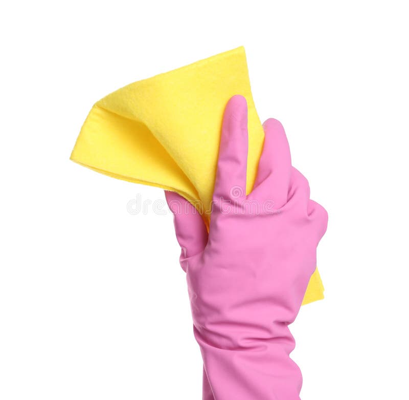 Person in Rubber Glove with Rag on Background, Closeup of Hand Stock ...