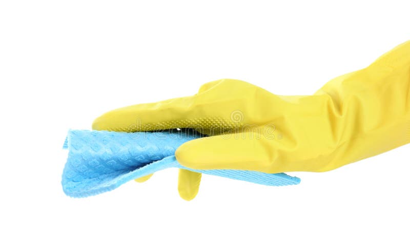 Person in Rubber Glove with Rag on Background, Closeup of Hand Stock ...