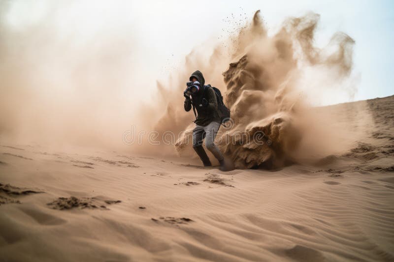 Person, Running from Sand Explosion, with Camera in Hand Stock ...