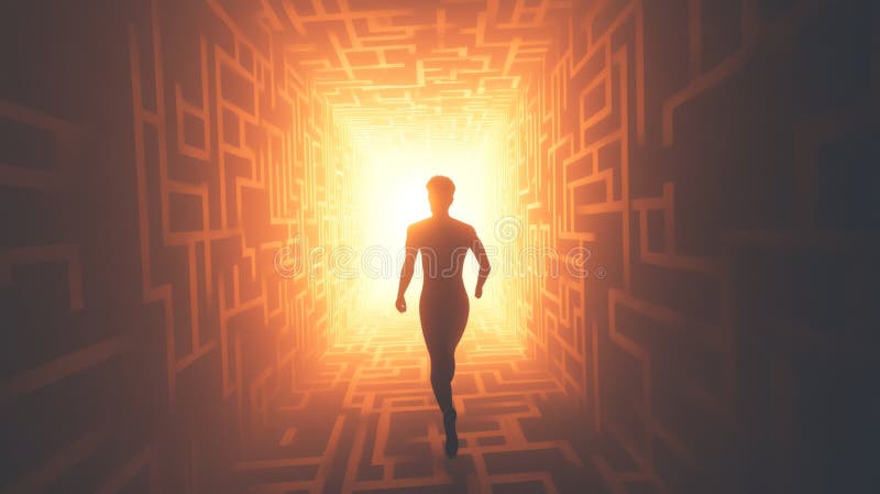 Person Running Towards Bright Light in Orange Maze Stock Illustration ...