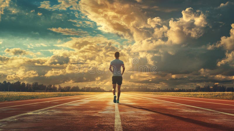 Person Running on a Track with Dramatic Clouds in the Background at ...