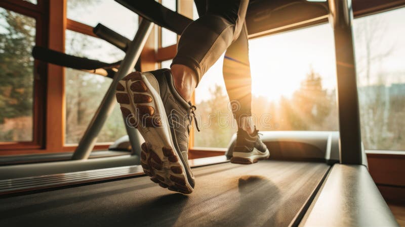 A Person Running on a Treadmill in Front of Large Windows, AI Stock ...