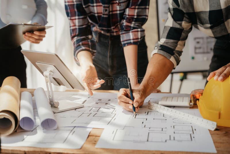 Person S Engineer Hand Drawing Plan on Blue Print with Architect ...
