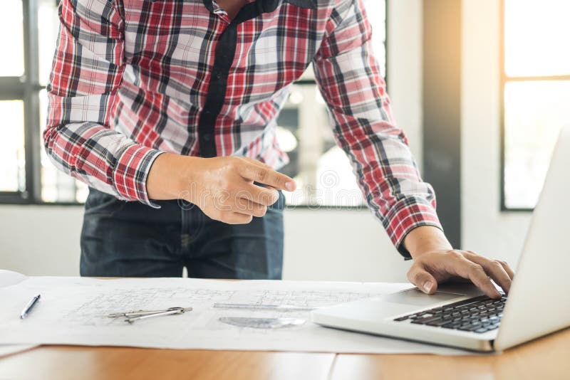 Person`s Engineer Hand Drawing Plan on Blue Print with Architect Stock ...