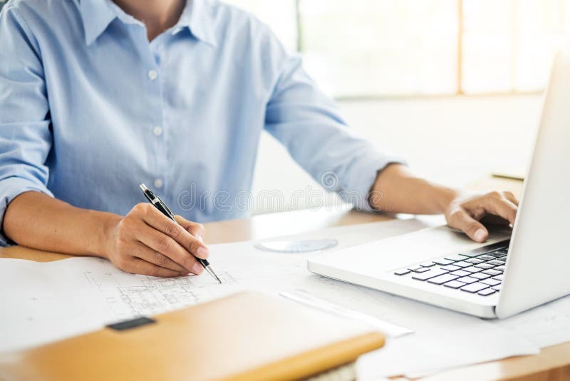 Person`s Engineer Hand Drawing Plan on Blue Print with Architect Stock ...