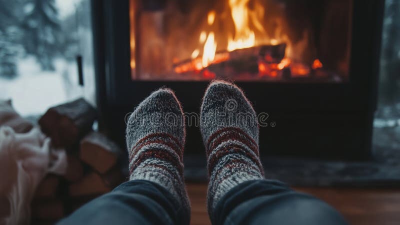 A Person& X27;s Feet are in Front of a Fire Place, AI Stock Image ...