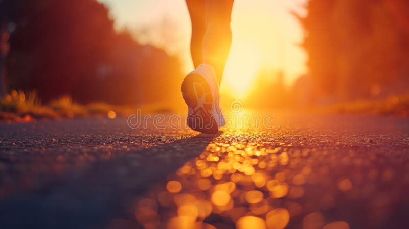 A Person S Feet are Running Down a Road at Sunset, AI Stock Image ...