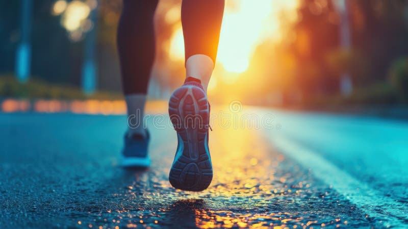 A Person S Feet are Running on a Road at Sunset, AI Stock Image - Image ...