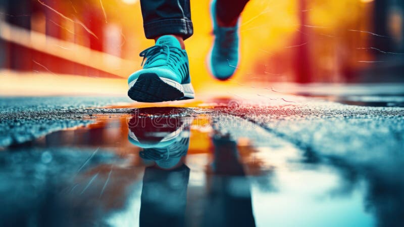 A Person S Feet are Seen in the Reflection of a Puddle, AI Stock Photo ...