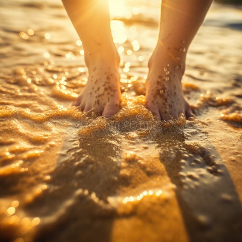 A Person S Feet Standing in the Water at Sunset, AI Stock Image - Image ...