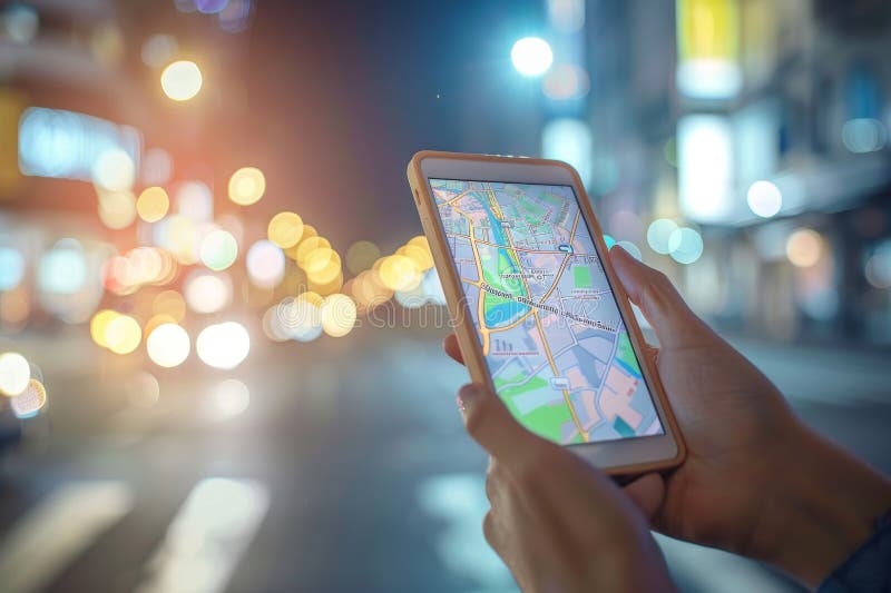 Close-up View of a Person& X27;s Hand Using a Smartphone GPS Map in the ...