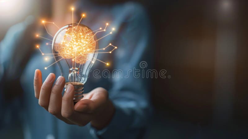 A Persons Hand Holding a Light Bulb with a Glowing Brain Inside ...